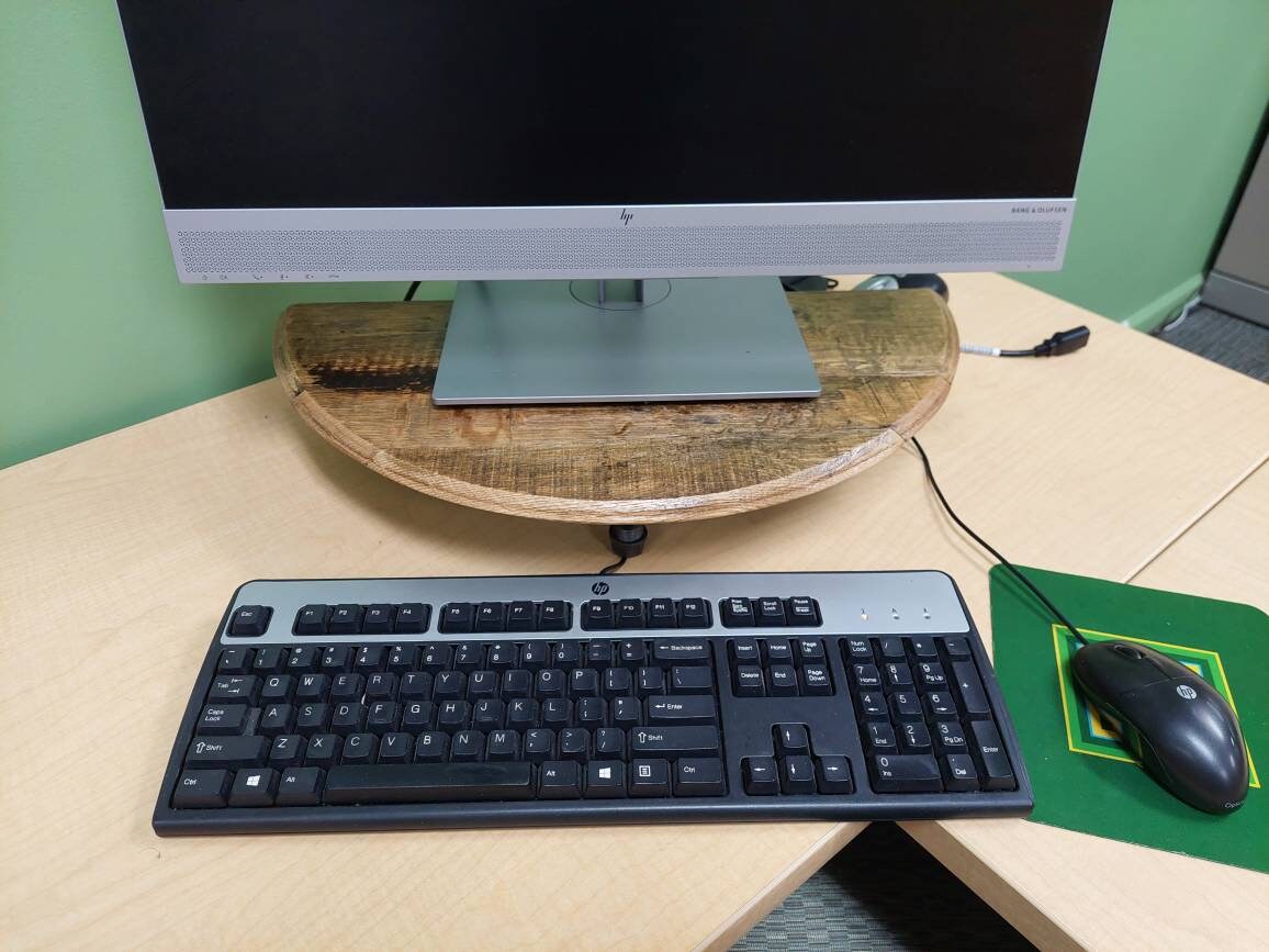 Bourbon Barrel Top Monitor Riser with Black Pipe - Gambill Woodworking